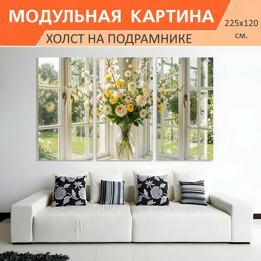 Модульная картина на холсте "Цветочная композиция у окна. Светлая летняя флористика в стеклянной вазе на подоконнике: нежные белые и." триптих на подрамнике 225х120 см. для интерьера