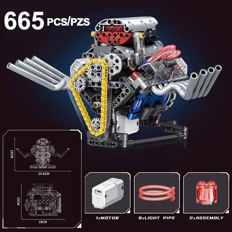 Улучшенная заряжаемая модель двигателя V8 с подсветкой, 665+ деталей, интерактивная механическая игрушка для детей,