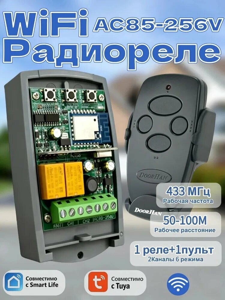 Двухканальное 220В WiFi реле 433 МГц и черный пульт с 4 кнопками
