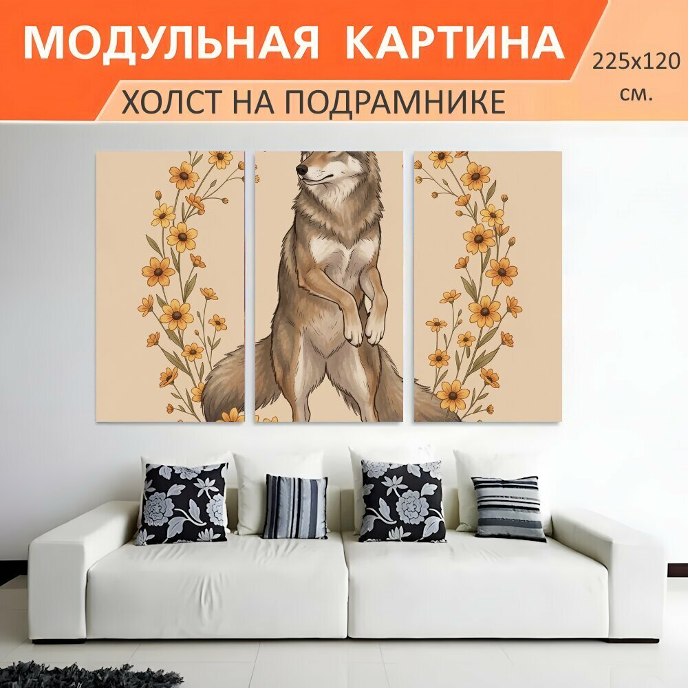 Модульная картина на холсте "Волк среди полевых цветов. Лесной хищник в мягкой акварельной манере, сдержанные бежево-серые тона." триптих на подрамнике 225х120 см. для интерьера