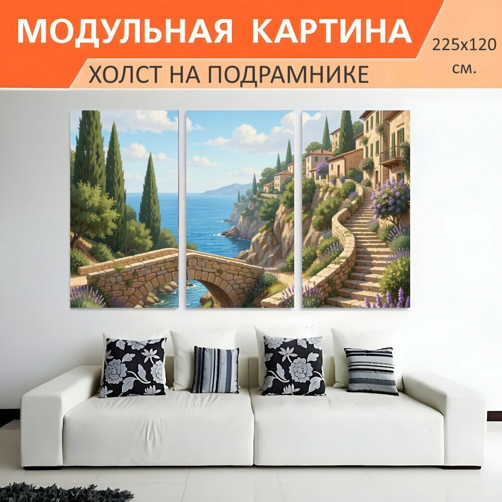 Модульная картина на холсте "Средиземноморский берег с деревней. Живописный прибрежный вид в мягкой живописи: каменные ступени." триптих на подрамнике 225х120 см. для интерьера