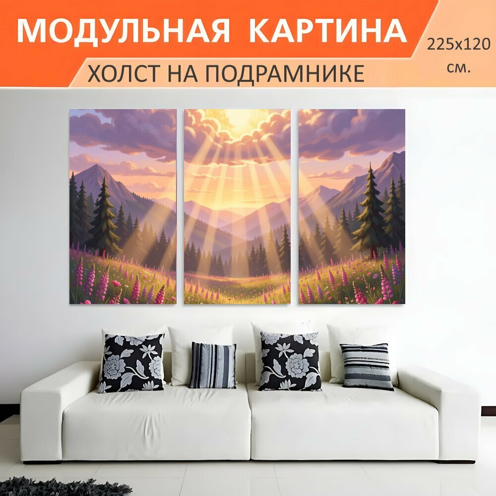 Модульная картина на холсте "Солнечные лучи над альпийской долиной. Живописная горная панорама с ярким рассветным светом, лучами." триптих на подрамнике 225х120 см. для интерьера