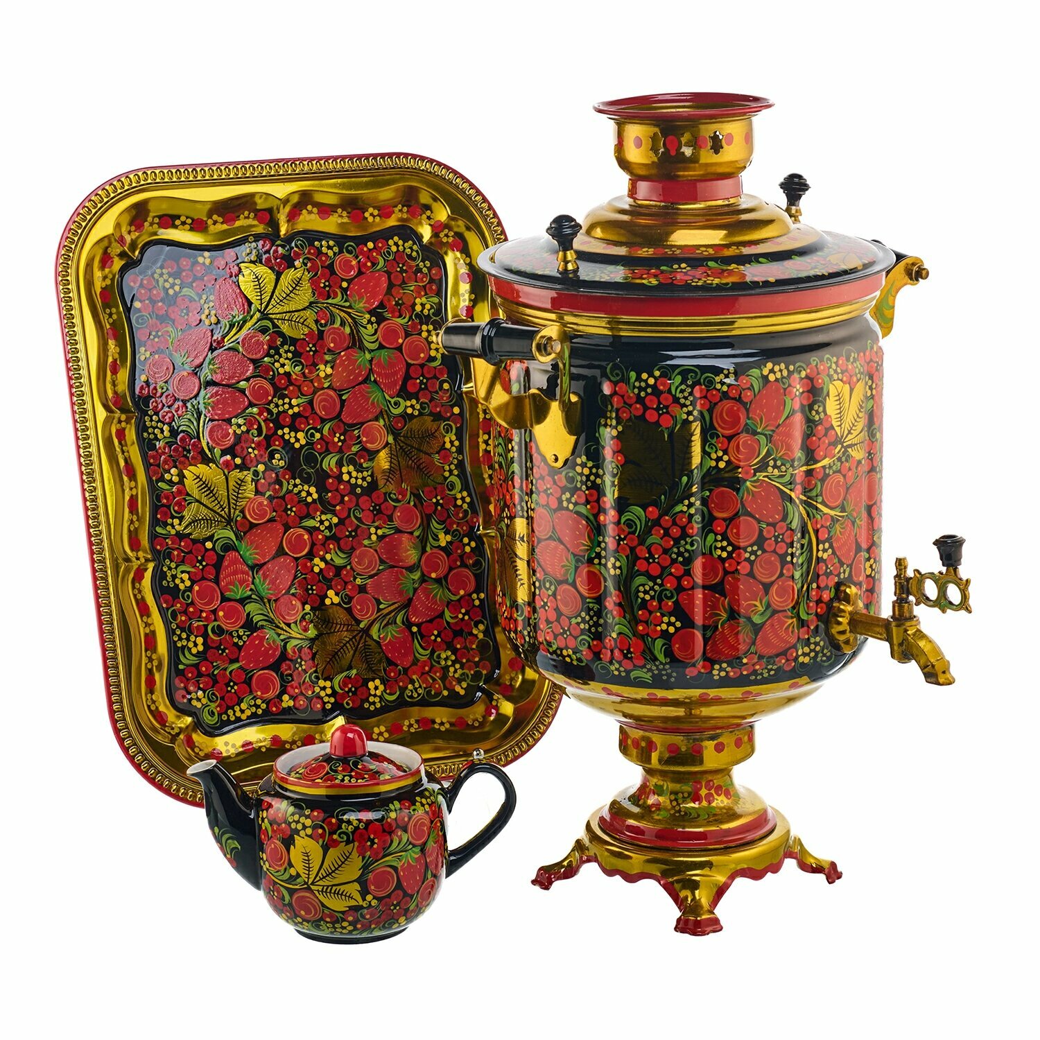 204938 Самовар электрический "клубника" банка 10л, прямоуг поднос