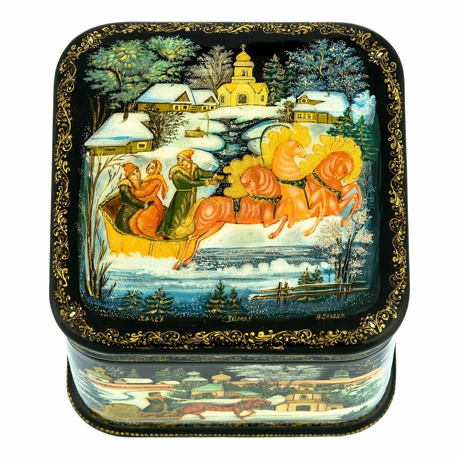 0056804/7*7*7см Лаковая миниатюра Палех шкатулка- ларец "Зима" Белова в П/У