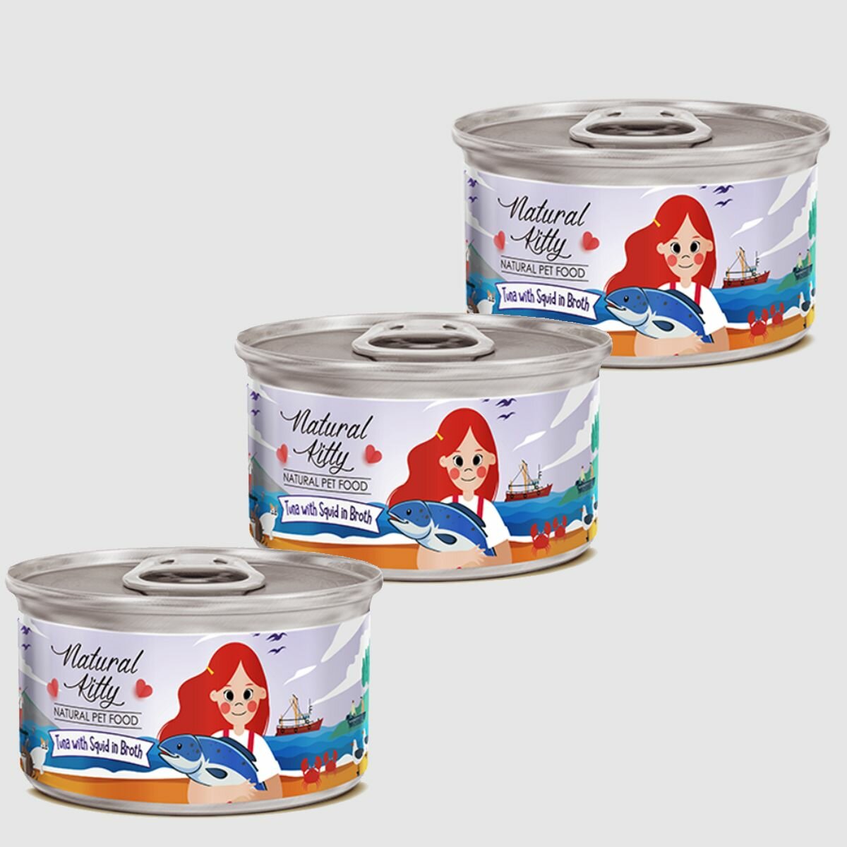 PETTRIC Консервы Natural Kitty Тунец с кальмаром в бульоне 80г*3шт