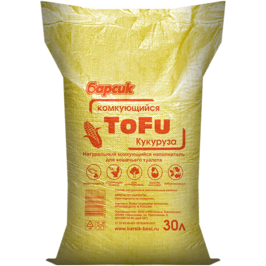 Наполнитель кукурузный ToFu комкующийся для взрослых кошек Барсик, 30 л