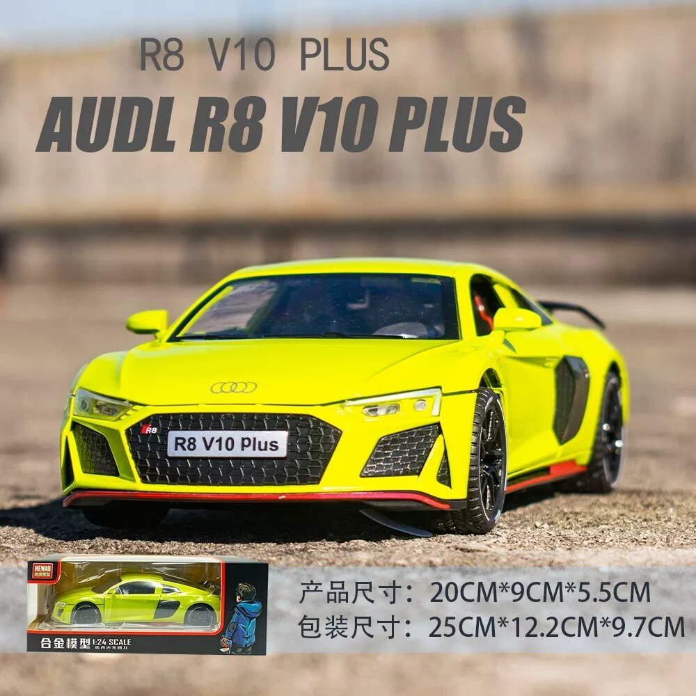 Модель автомобиля Audi R8 1:24 из цинка, неоново-зеленый цвет, премиум коллекционный подарок