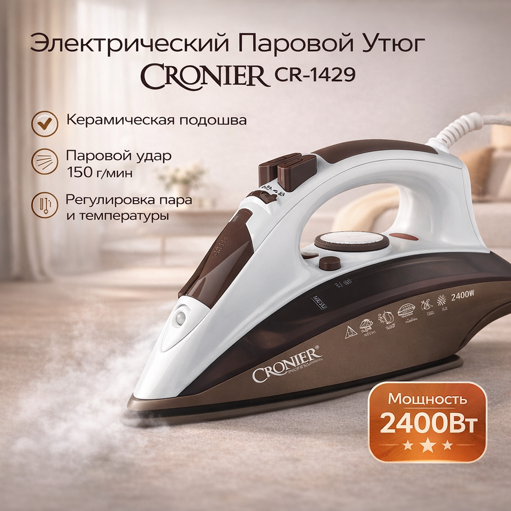 Электрический паровой утюг Cronier CR-1429 2400 Вт с керамической подошвой Prog Tech