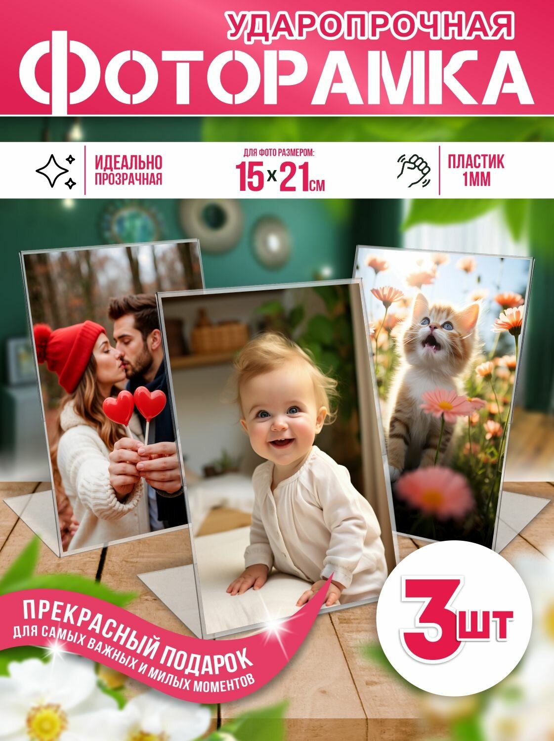 Фоторамка L-образная А5, прозрачная вертикальная, комплект 3 шт, VoloMar