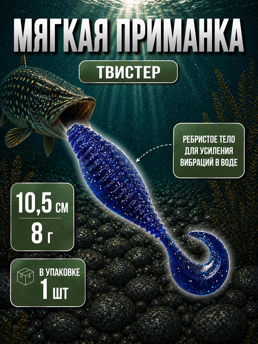 Рыболовная мягкая приманка твистер "Screw Worm", имитация куколки с закрученным хвостом для ловли окуня, мандариновой рыбы, змееголовки 10,5 см/8 г, синяя