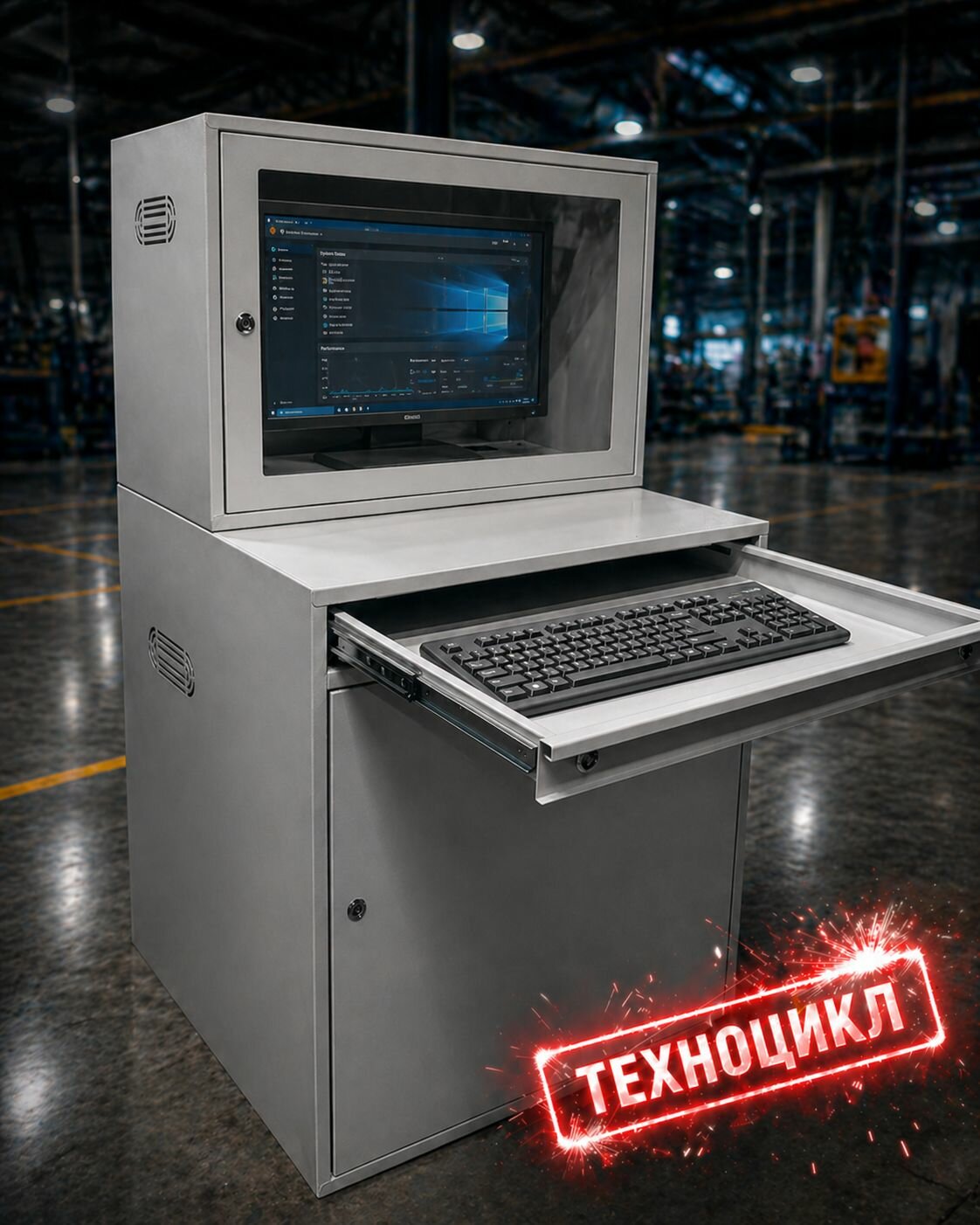 Тумба-шкаф для компьютера техноцикл 1550х800х650 мм, металлическая, с мониторной кабиной и выдвижной полкой, светло-серая