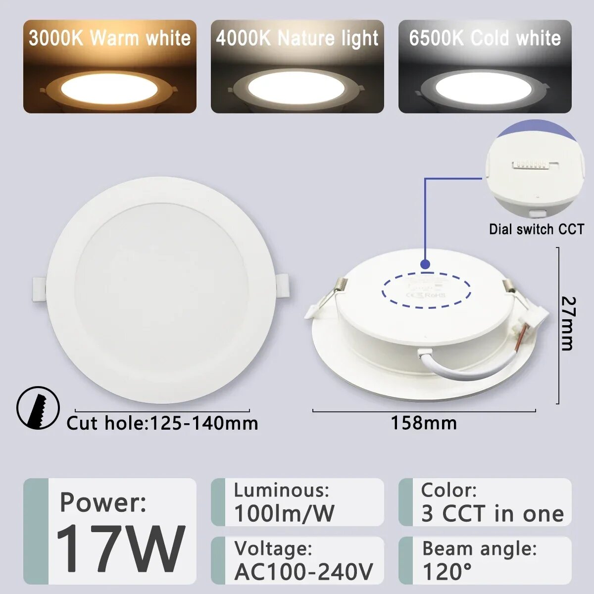 1-10 шт. Встроенные светодиодные точечные светы 20W/24W 100-240V с ручным переключателем CCT 3000K/4000K/6500K, круглые панельные светы для потолка, внутреннее освещение-17W