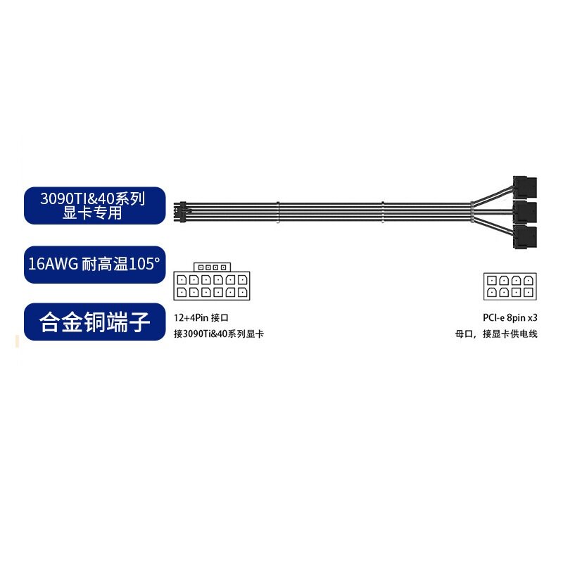 Премиальный кабель питания 12VHPWR 12+4Pin на 3 шт. PCI-E 8Pin для видеокарты, видеокарты, 16AWG PCIE 5.0, удлинительный кабель для RTX3090Ti