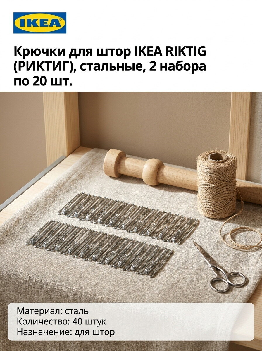 Крючки для штор IKEA RIKTIG (риктиг), стальные, 2 набора по 20 шт