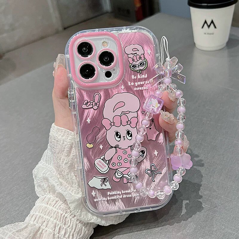 IPhone 16 Pro Чехол с дизайном одного макияжного кролика и шнурком, матовая ткань, подходит для моделей iPhone 16 Pro