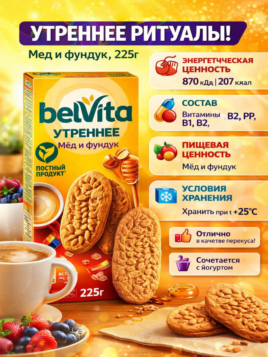 Печенье BELVITA Утреннее Мед и фундук, 225г