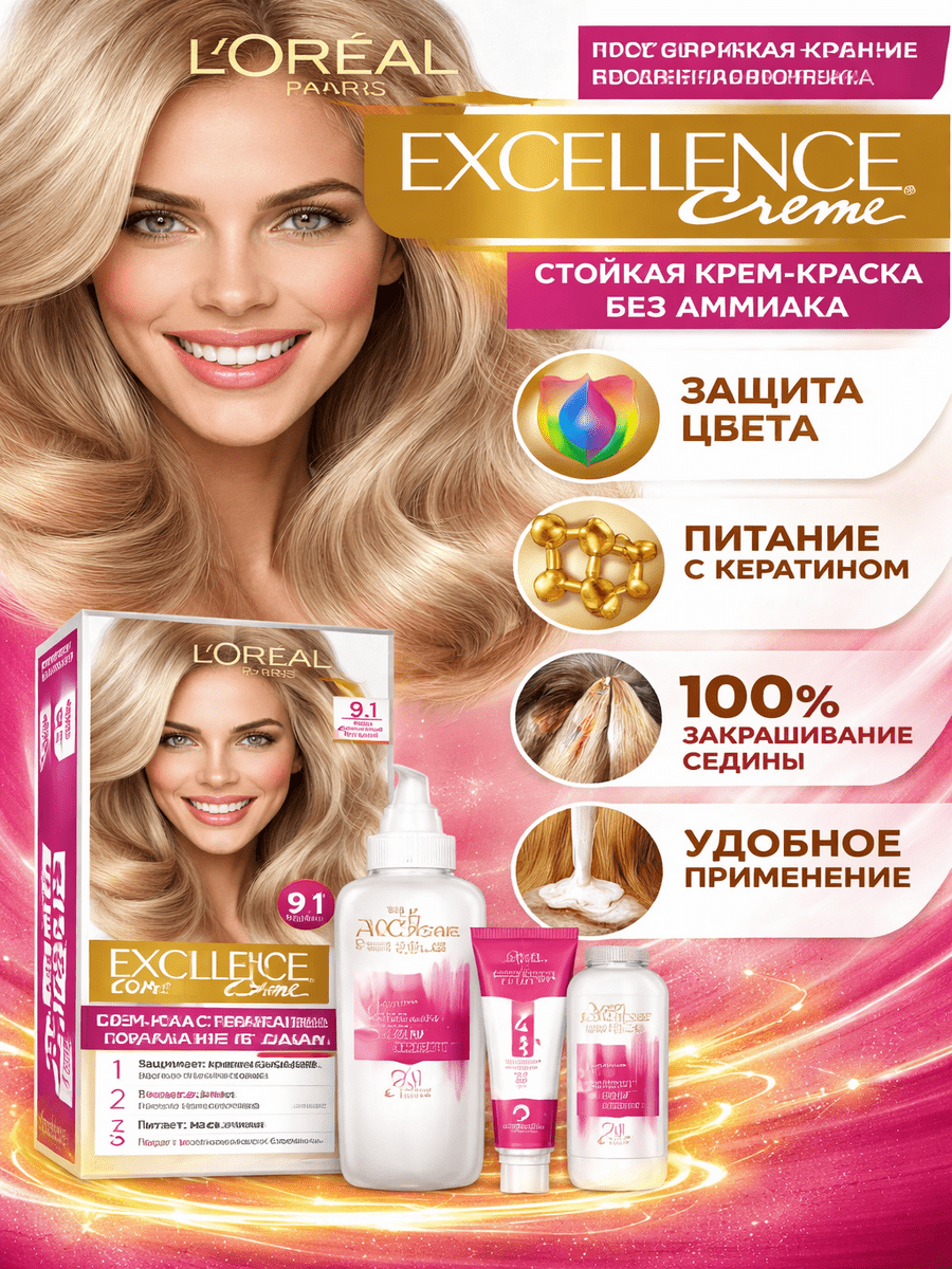 Крем-краска для волос L'Oreal Paris Excellence creme 9.1 Очень светло-русый пепельный, 268мл