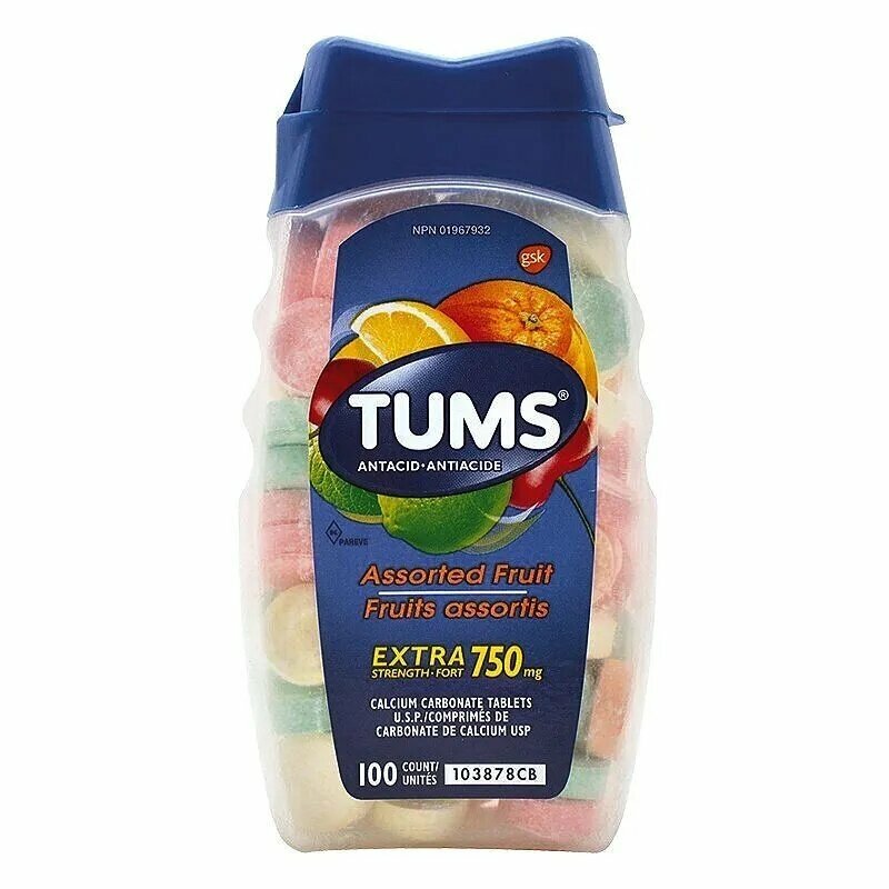 TUMS, Конфеты от изжоги с фруктовыми вкусами - 100 шт / Ультрабыстрое фруктовое антацидное средство с карбонатом кальция