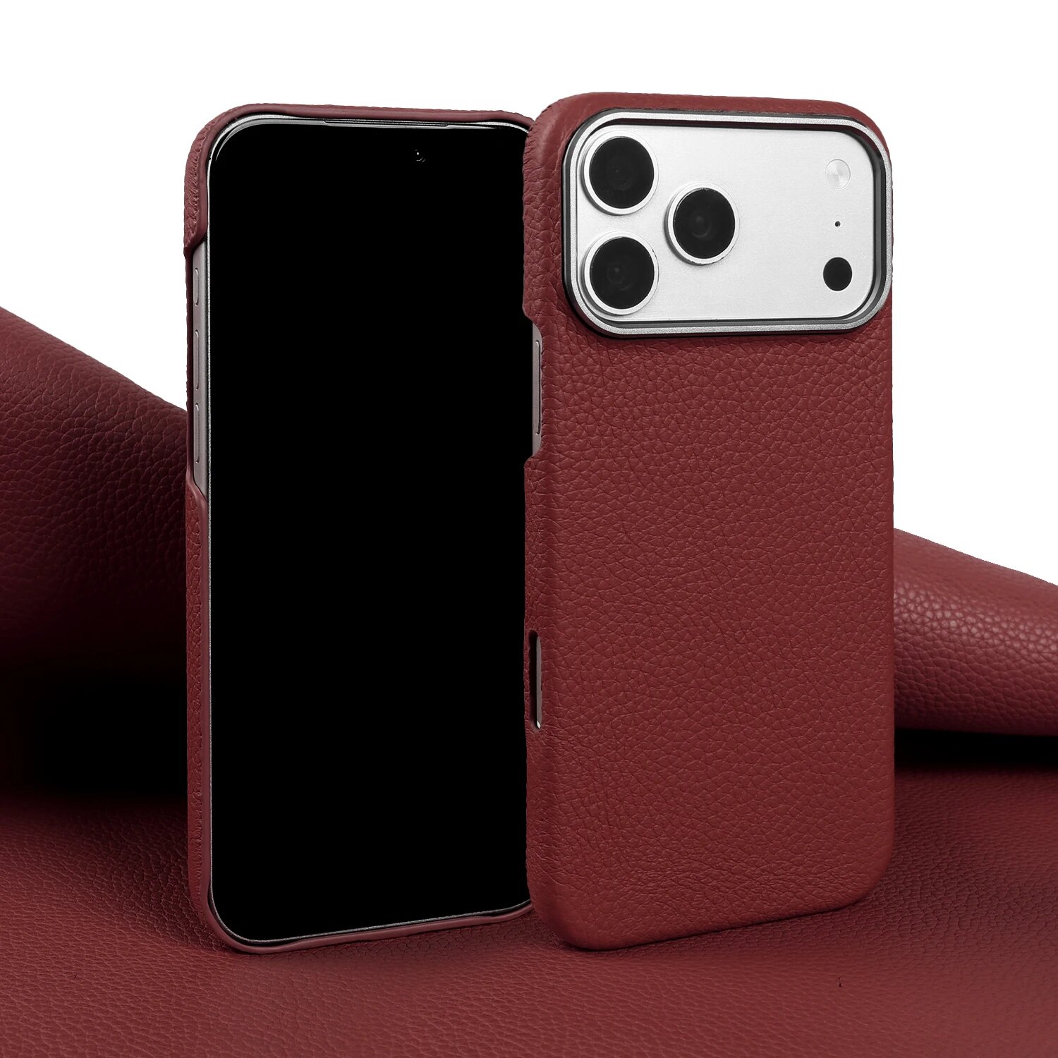 Премиальный чехол из натуральной кожи личи для iPhone 17 Pro iPhone17 Про, Красный, Saddle Red 6212