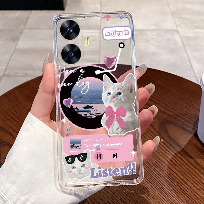 Чехол Realme C55 с котом, розовый, силикон