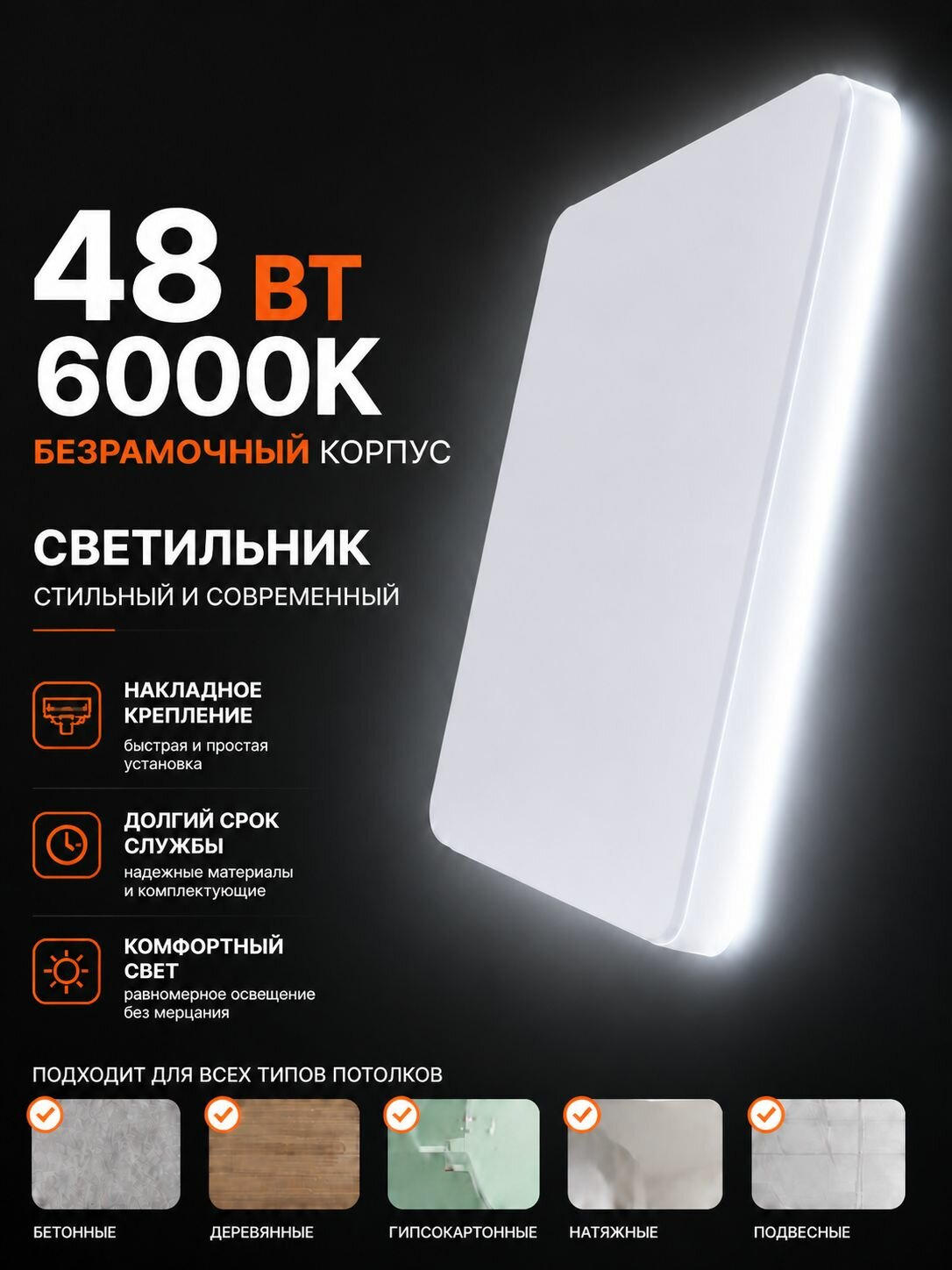 Светильник потолочный светодиодный безрамочный накладной 48Вт 6000К, накладной квадратный безрамный корпус
