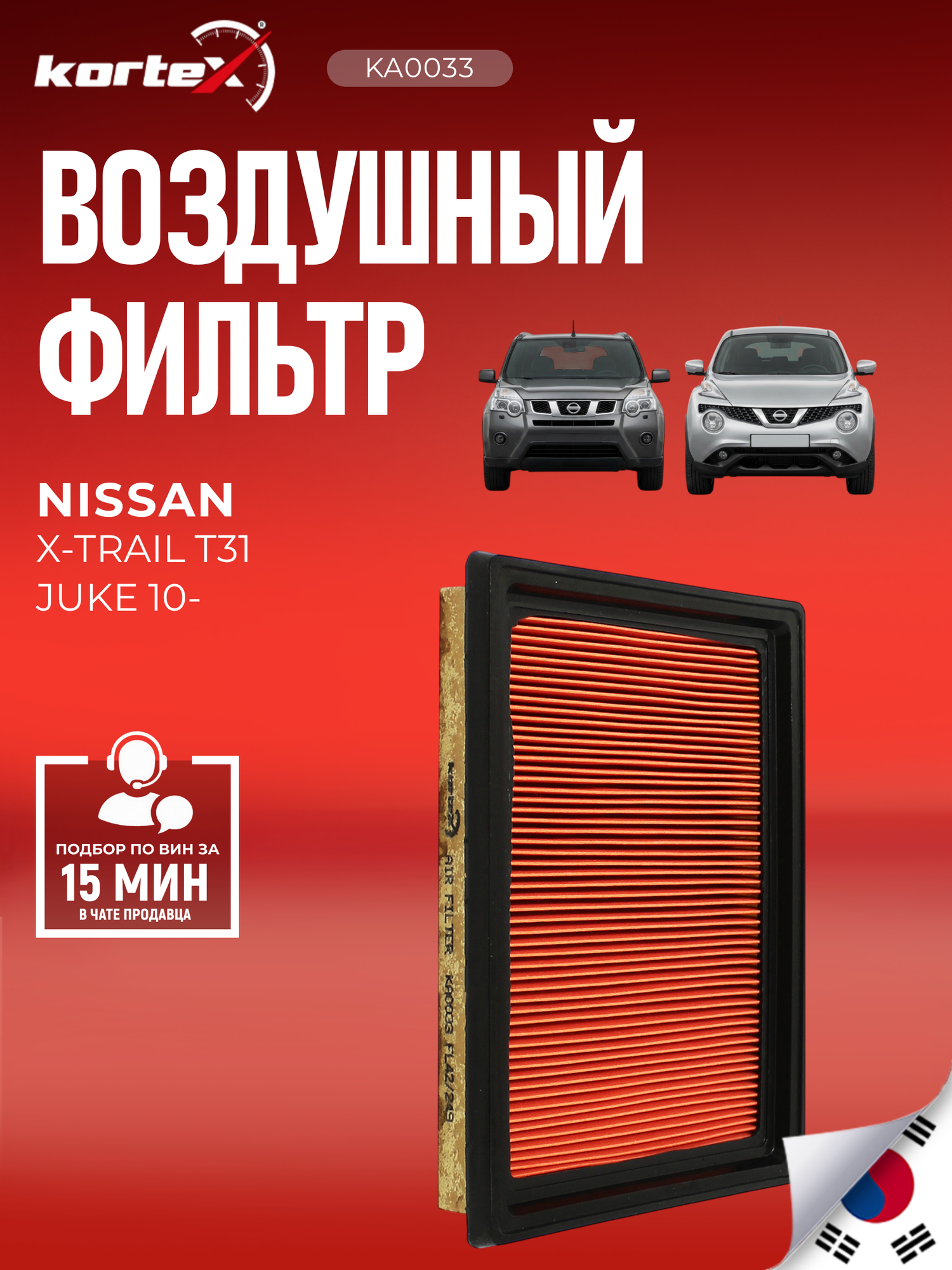 Фильтр воздушный для Ниссан Х-Трейл, Кашкай J10, Альмера, Примера, Рено Колеос, Хонда Цивик