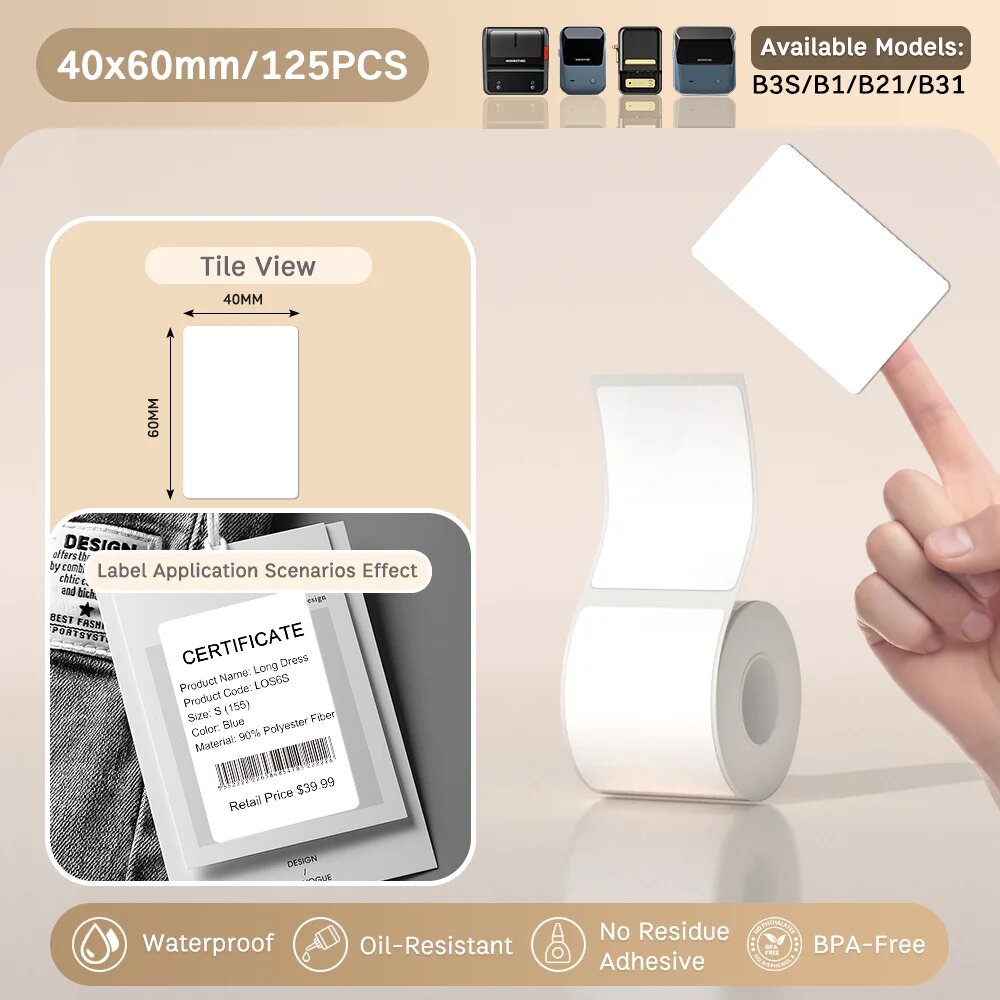Niimbot Термобумага для этикеток B21/B1/B3S белая Бежевый, White 4060