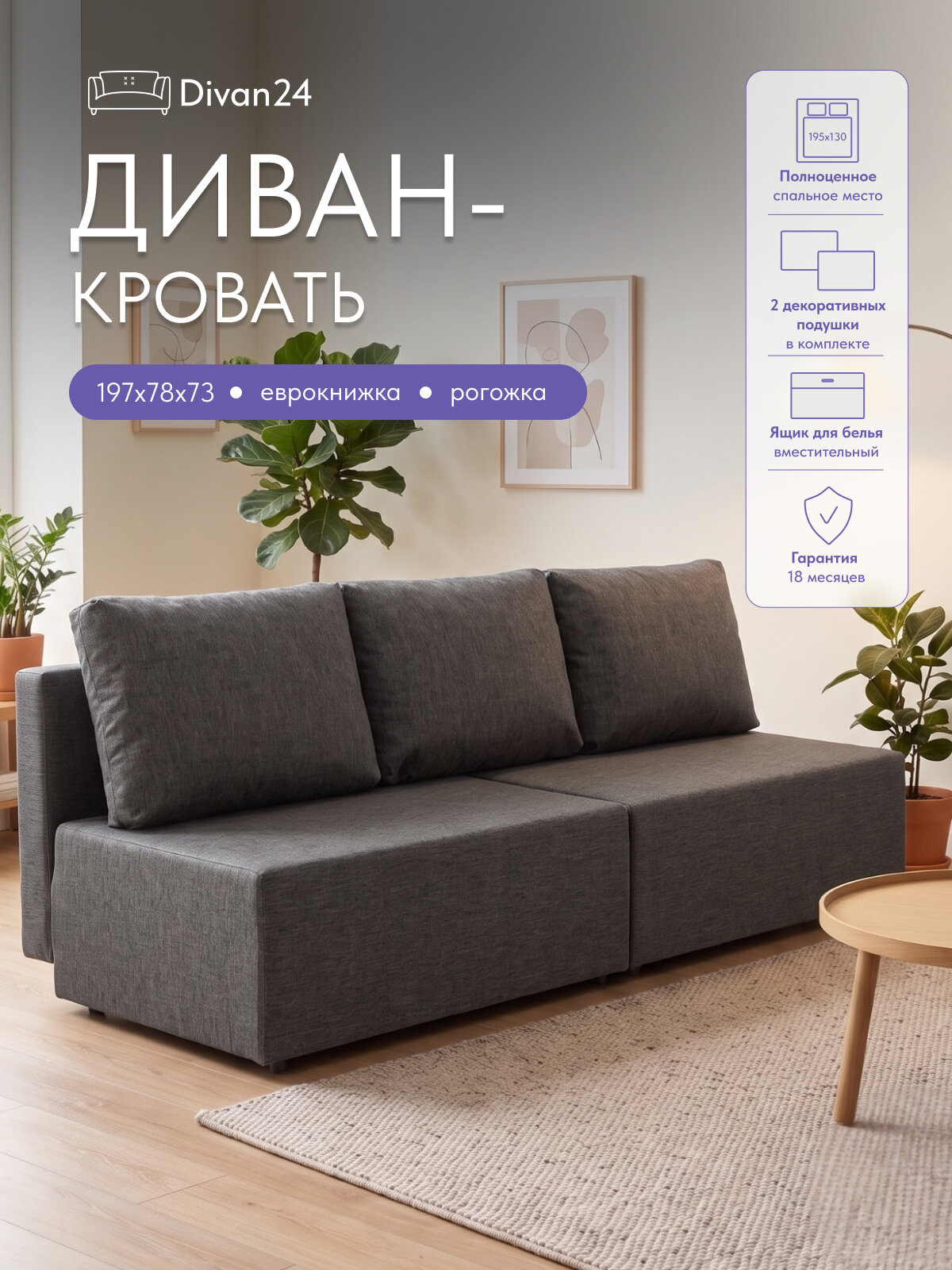 Диван-кровать Divan24 "Бойсе", раскладной, механизм еврокнижка, темно-серый