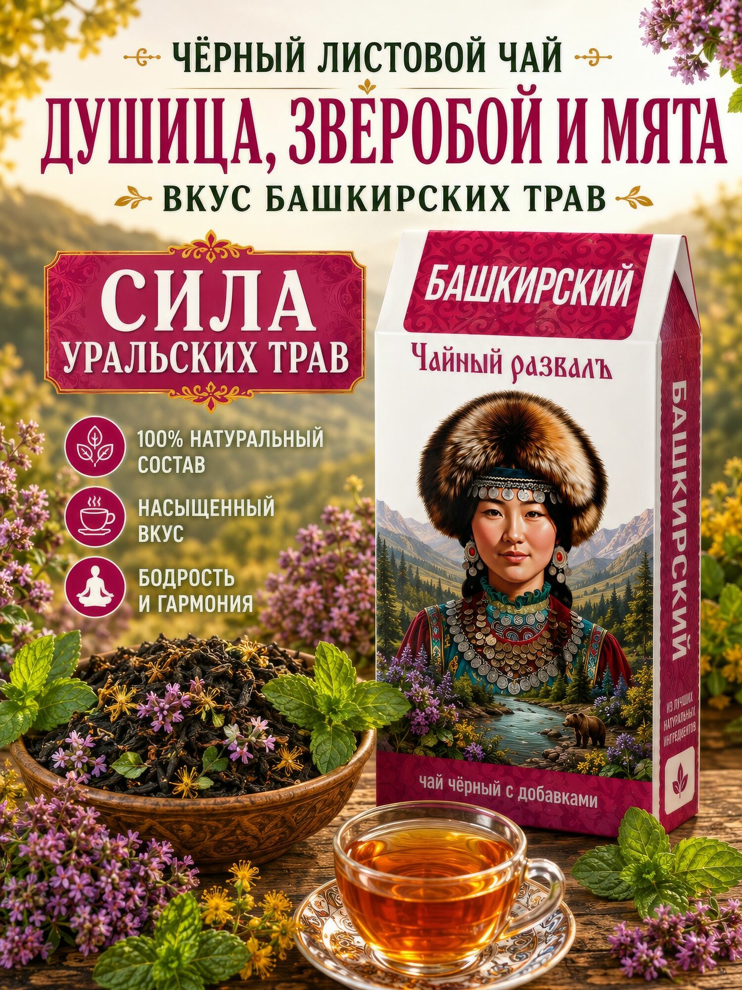 Чай черный листовой с душицей, мятой и зверобоем Башкирский, травяной чай