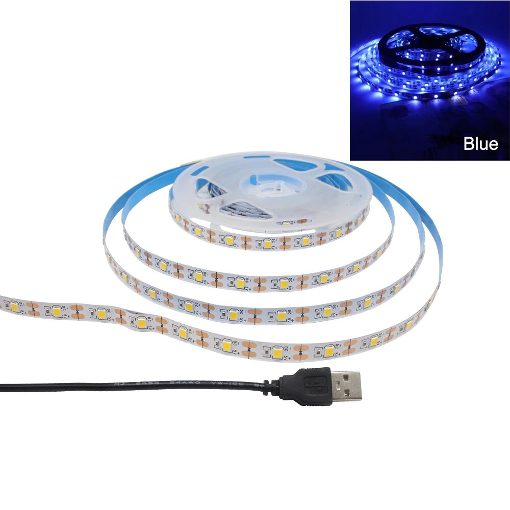 USB LED-лента SMD 2835, 5В, 100см, теплый белый, красный, желтый, синий свет Blue, 1m