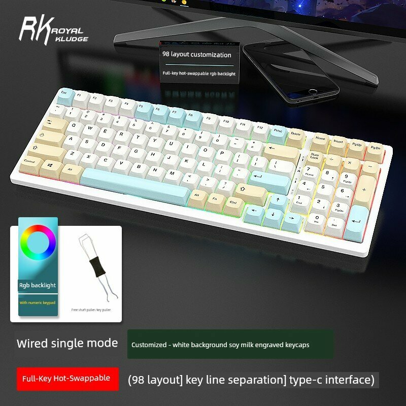 RK 98 100-Клавишная Механическая Клавиатура с Красным Переключателем, Сливочный, Светодиодная Подсветка RGB, Проводное