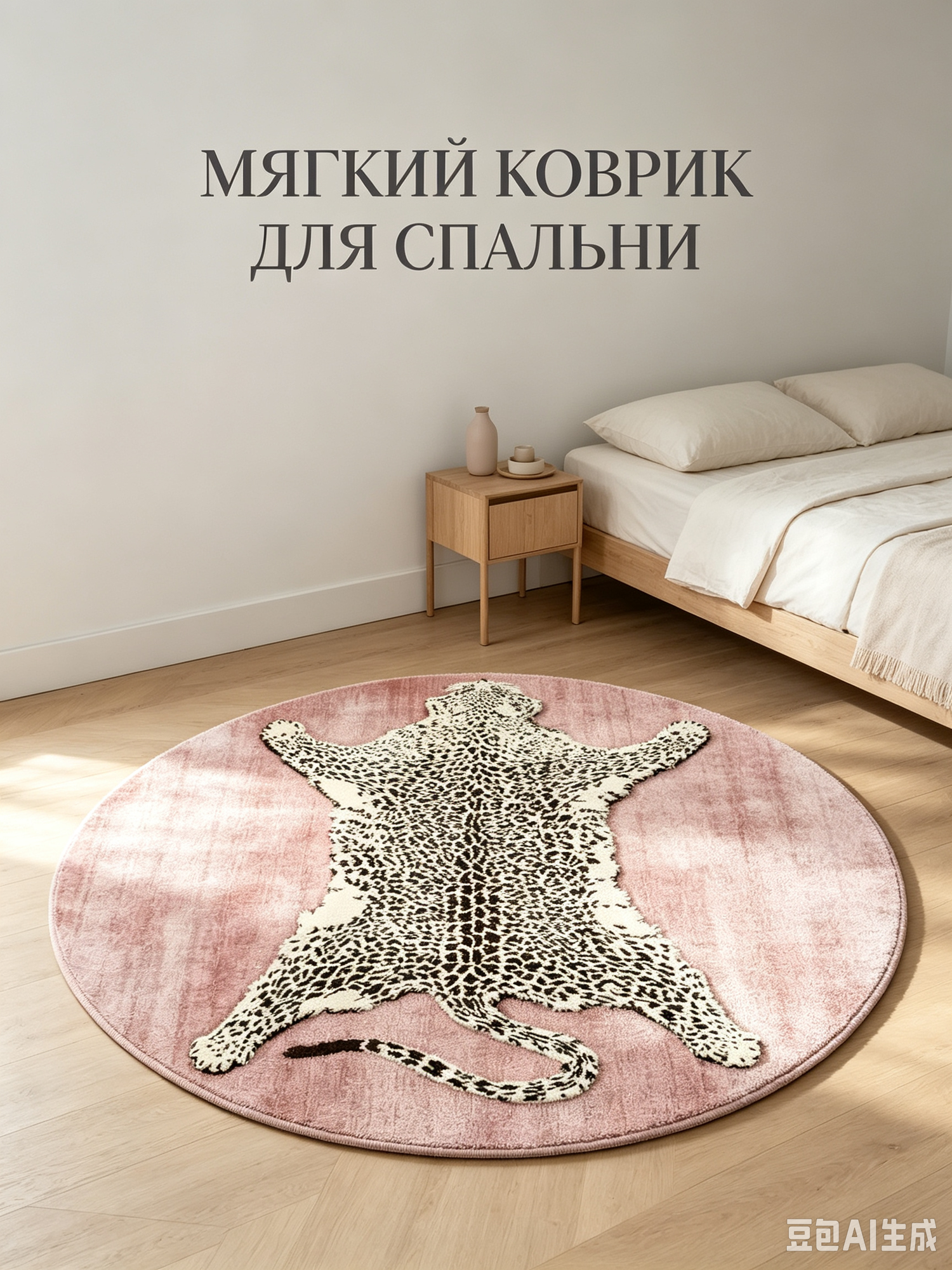 Круглый ковер диаметром 100 см с леопардовым рисунком на розовом фоне, используемый в спальне и гостиной