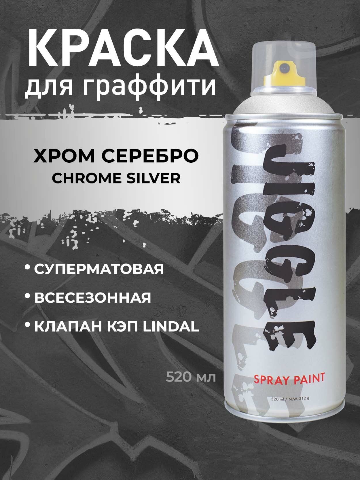 Аэрозольная краска для граффити в баллончике JIGGLE PRO суперматовая, 520 мл, CHROME SILVER / Хром серебро спрей для граффити аэрозольный баллончик 520 мл суперматовая серебристая