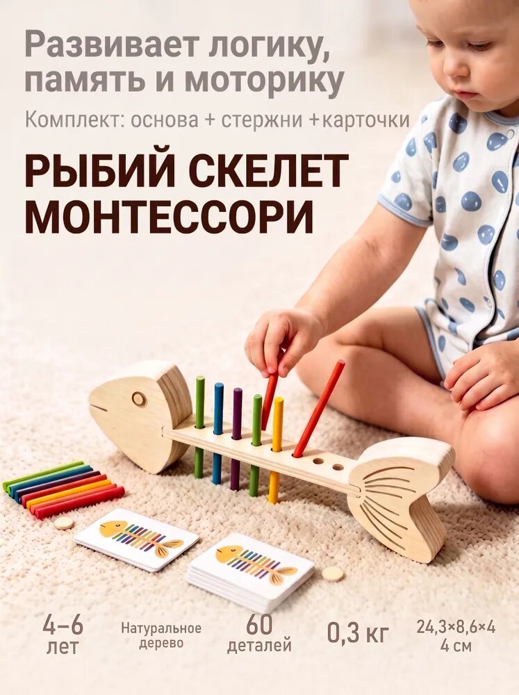 Детская развивающая игрушка Сортер деревянный Рыбка с цветными палочками и карточками