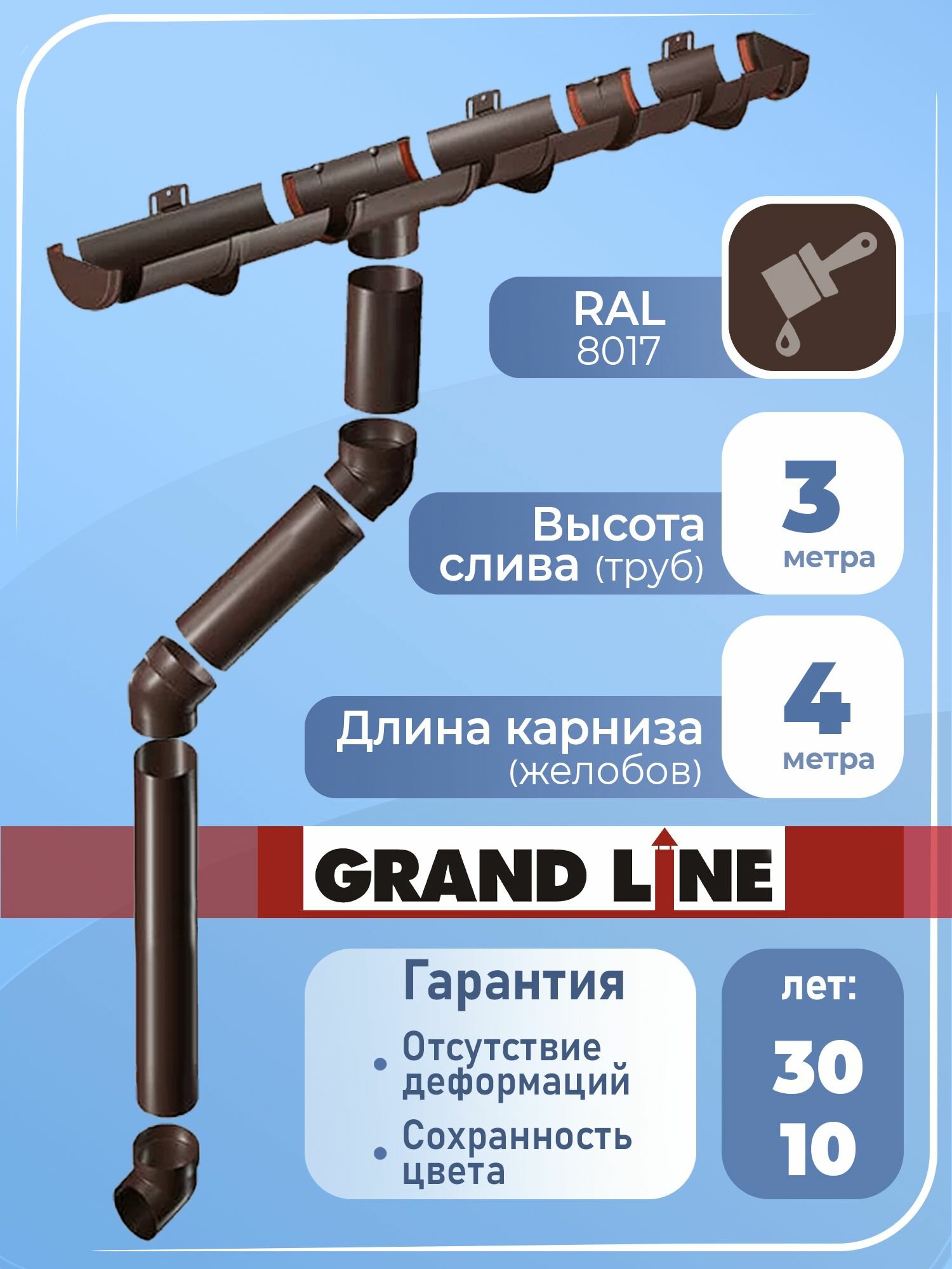 Водосточная система Grand Line 4 м ( 1,5 м+1 м ) коричневый , водосток для крыши пластиковый Гранд Лайн ( 120 мм / 90 мм ) комплект элементов ПВХ