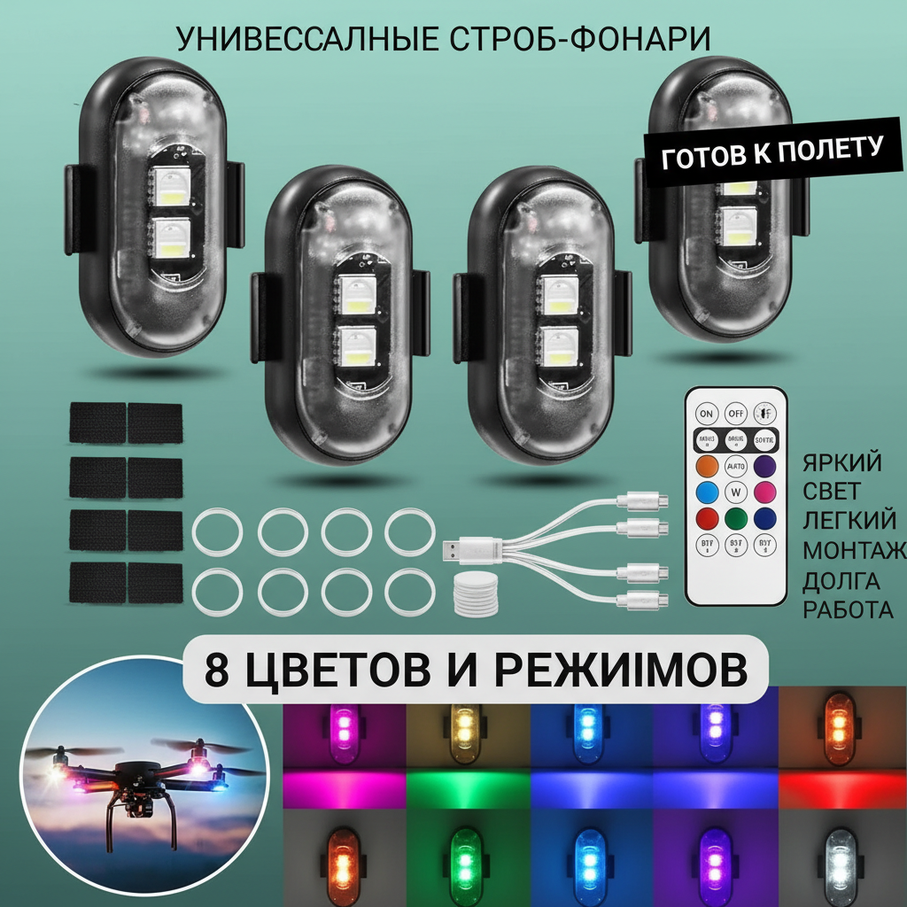 Комплект 4 шт стробоскопов 8 цветов беспроводной пульт герметичный корпус питание USB