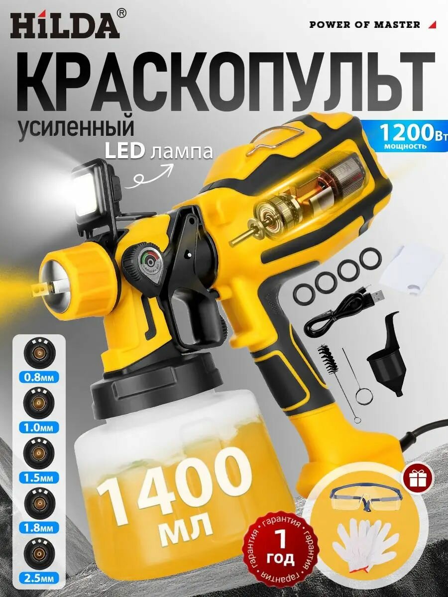 Электрический краскопульбт HILDA 1200 Вт с LED лампой Бак 1400 мл Насадки 0.8-2.5 мм Для окраски стен, мебели и автомобилей Гарантия 1 год-xf