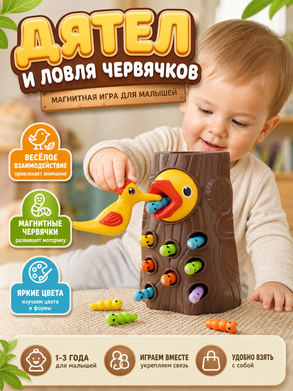 Магнитная развивающая игрушка "Дятел ловит червяков", интерактивная игра для развития мелкой моторики у детей
