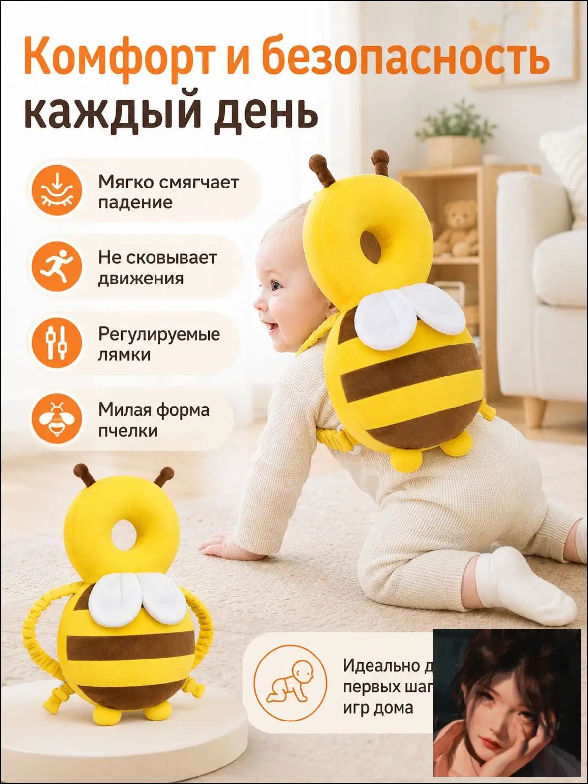 Детский Защитный рюкзачок для малыша / подушка для защиты головы и спины ребенка / Безопасность детей от падения