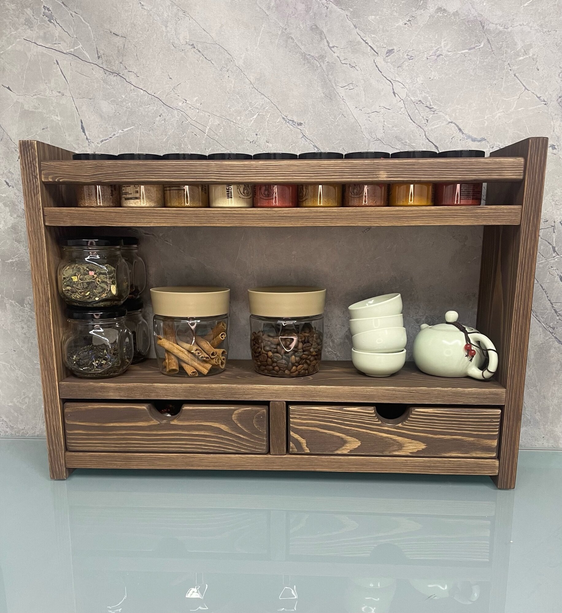 Настольная полка с 2 ящиками из натурального дерева