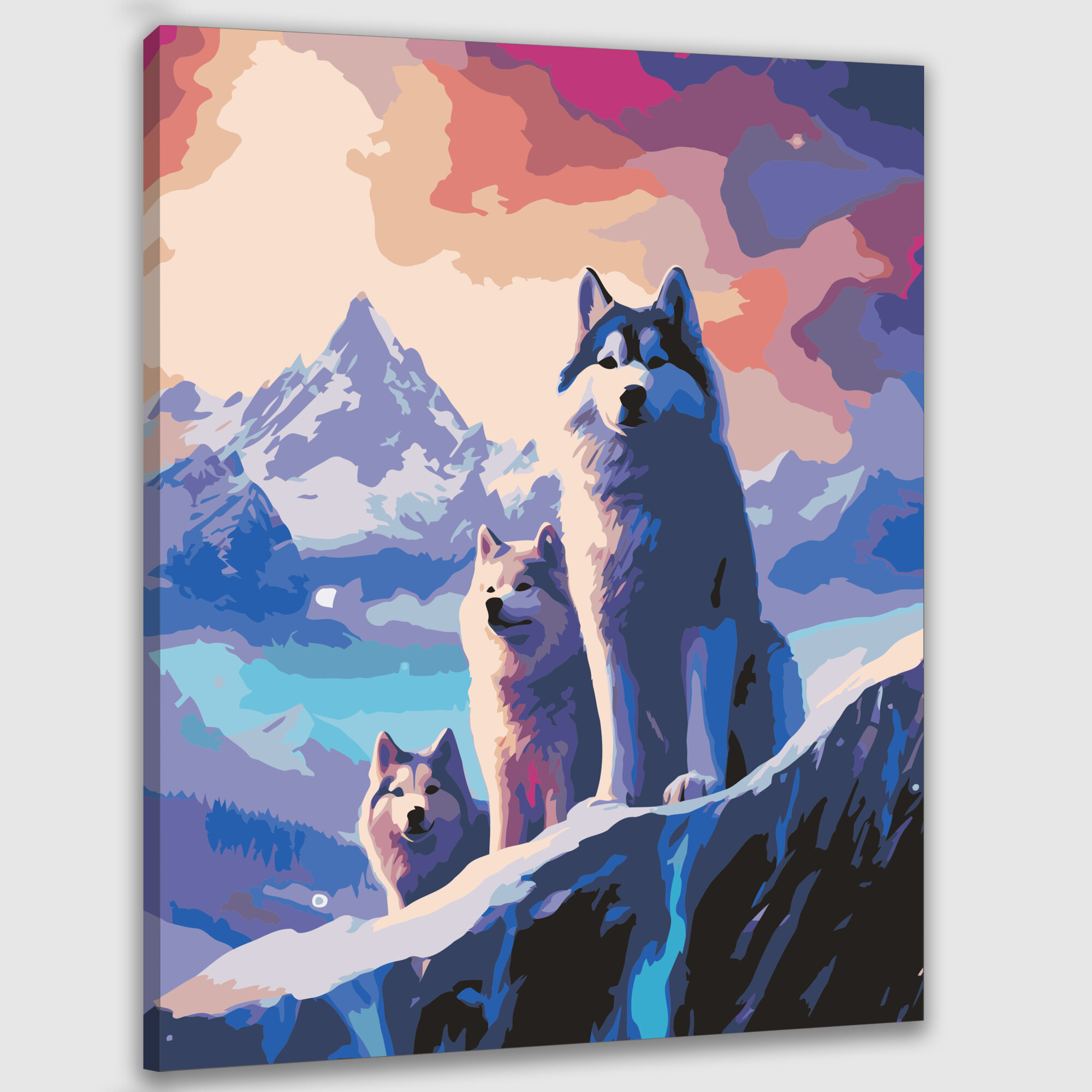 Картина по номерам 40x50 см, хаски, гора, мех, свет, сияние, небо, зрелище, краски, красота