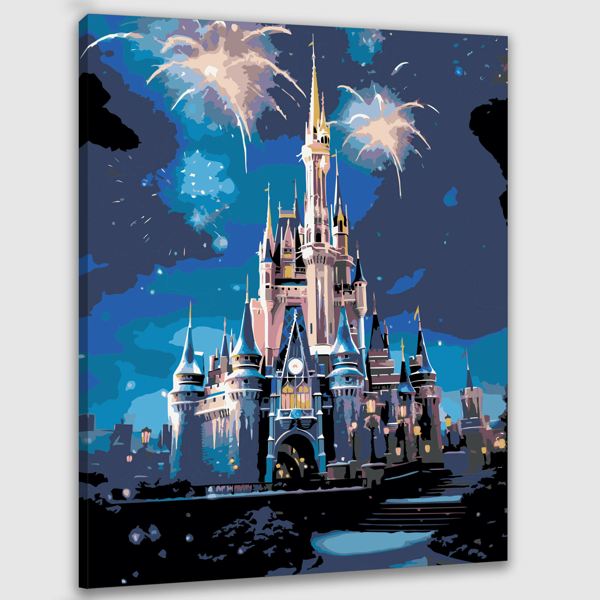 Картина по номерам 40x50 см, замок, величественный, свет, волшебная ночь, холм, башни, шпили, звездное небо, ландшафт