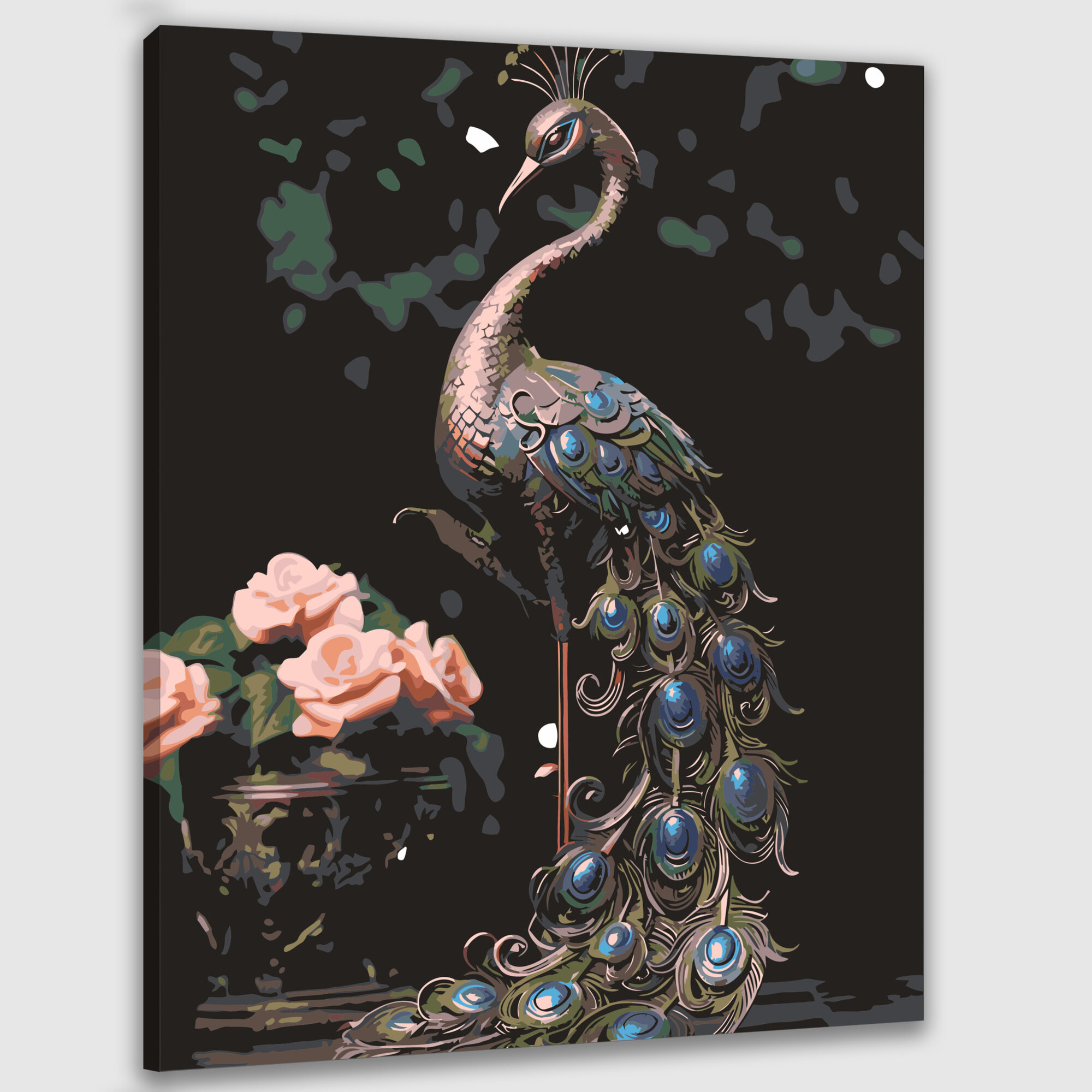 Картина по номерам 40x50 см, павлин, фламинго, скульптура, бронза, мерцающая, хвостовые перья, узоры, текстуры, шея