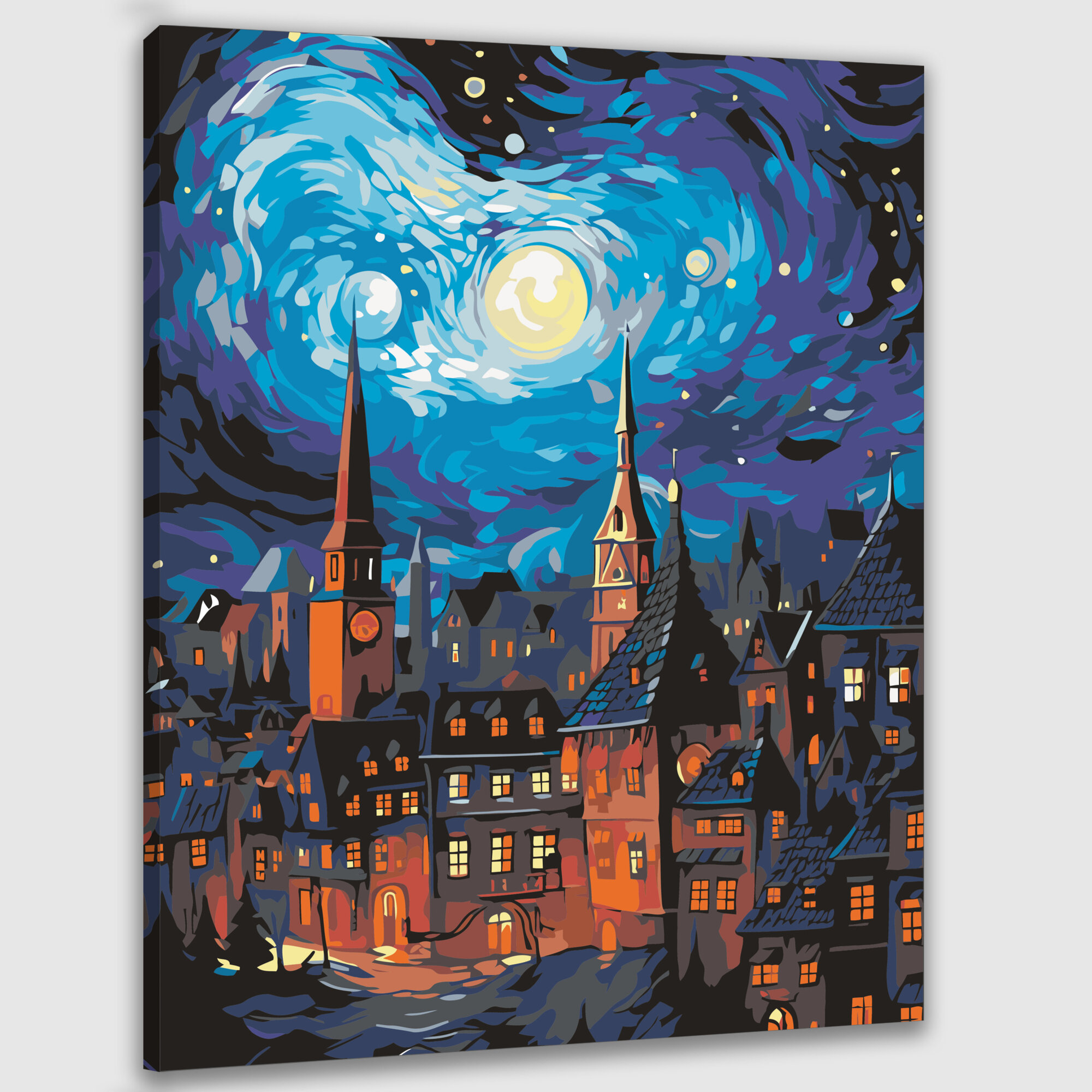 Картина по номерам 40x50 см, цифровое произведение, Ван Гог, Звездная ночь, городской пейзаж ночью, облака, звезды