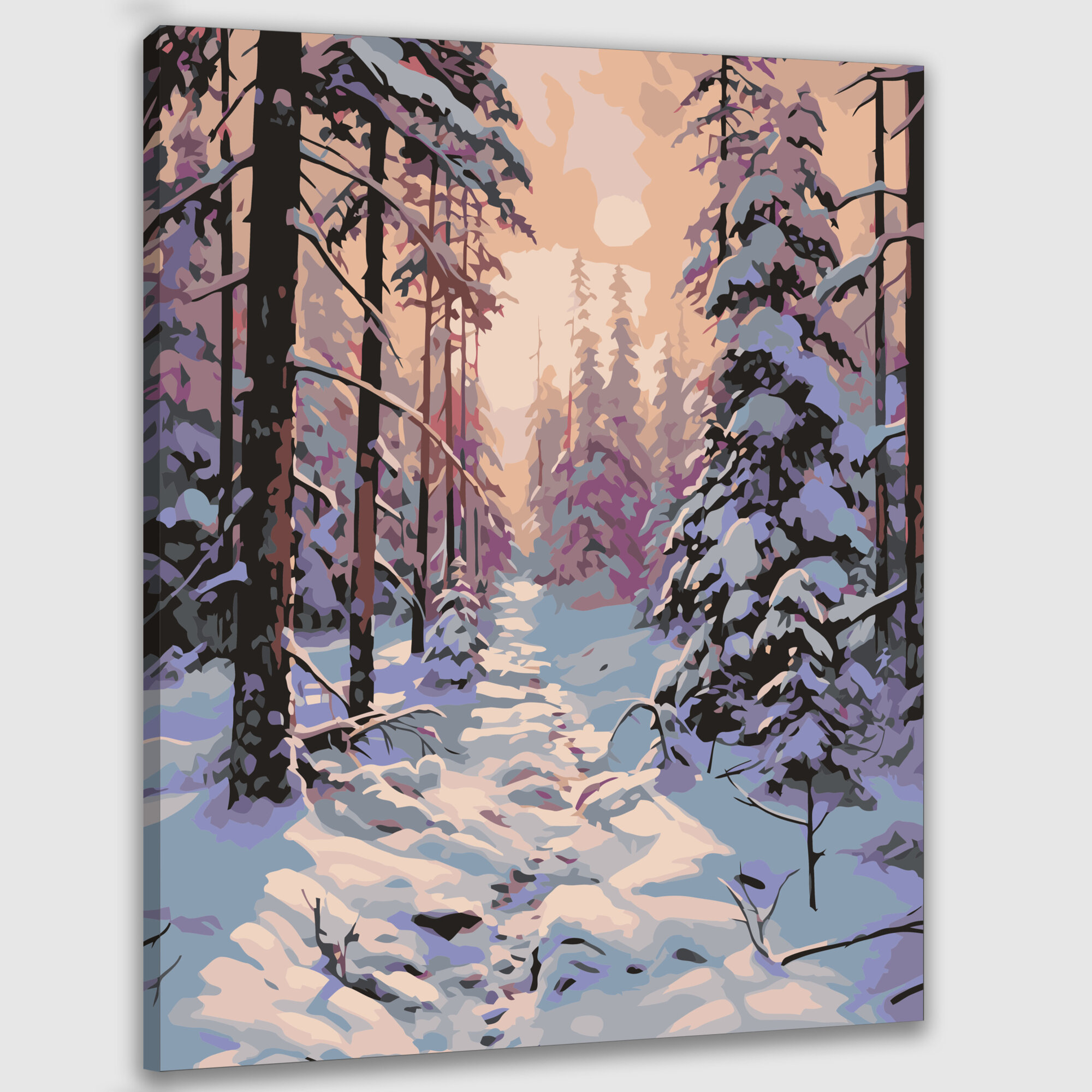 Картина по номерам 40x50 см, картина маслом, зимний лес, свет рассвета, заснеженная земля, бледно-розовые оттенки не