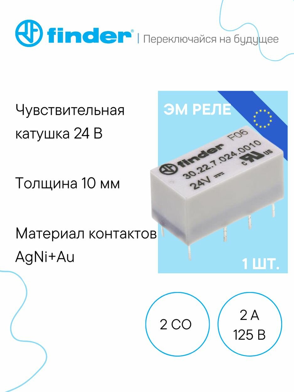 30.22.7.024.0010 FINDER Реле промежуточное 125 В, 2 А, миниатюрное, 2 перекидных контакта, управление 24 В DC, RT III