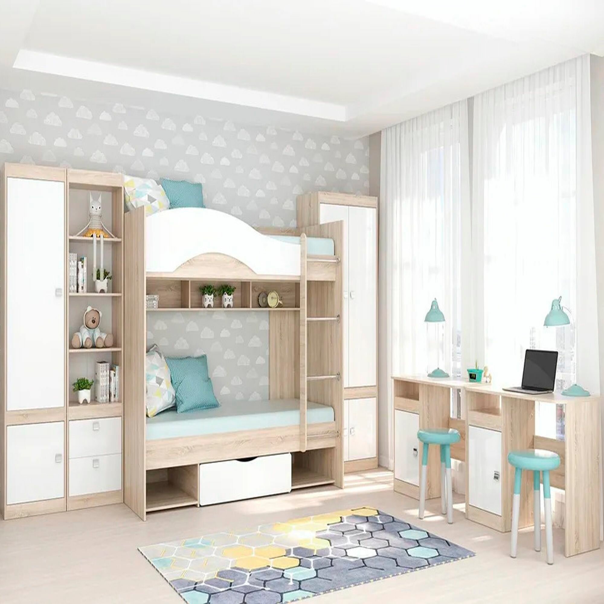 Комплект подростковой / детской мебели "Галактика" Дуб сонома / Белый глянец , спальня подростковая, детская