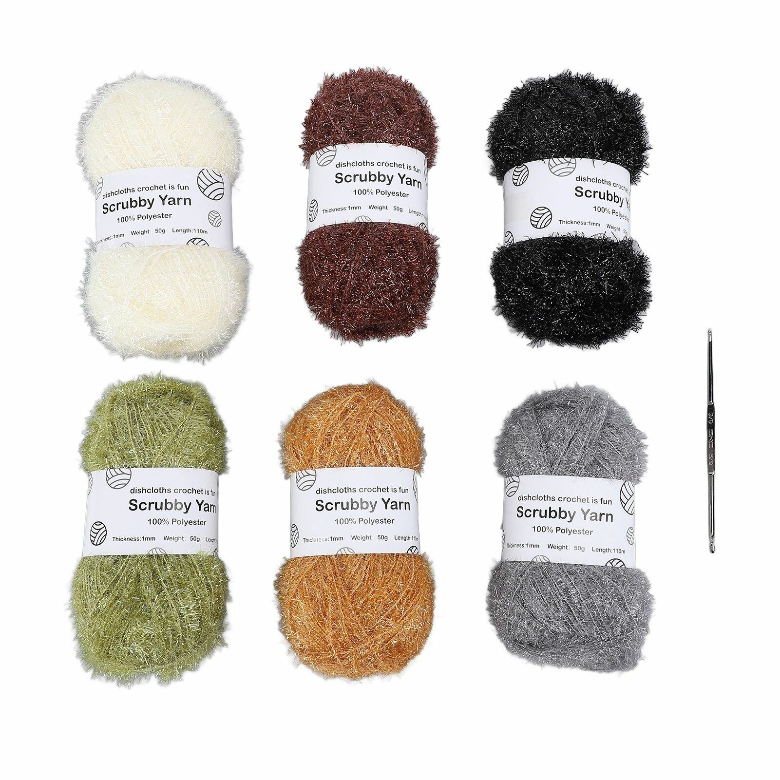 6 рулонов пряжи Scrubby с блестками для вязания крючком кухонных полотенец, вязаных вручную сумок для кукол, земляной тон, прочный, мягкий хлопок