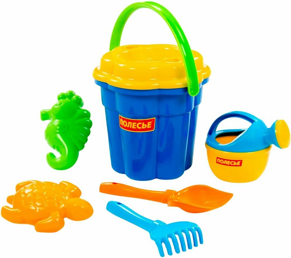 Песочный набор №363, в комплекте ведро, ситечко, лопатка, грабли, 2 формочки и лейка, детские пластиковые игрушки для песочницы
