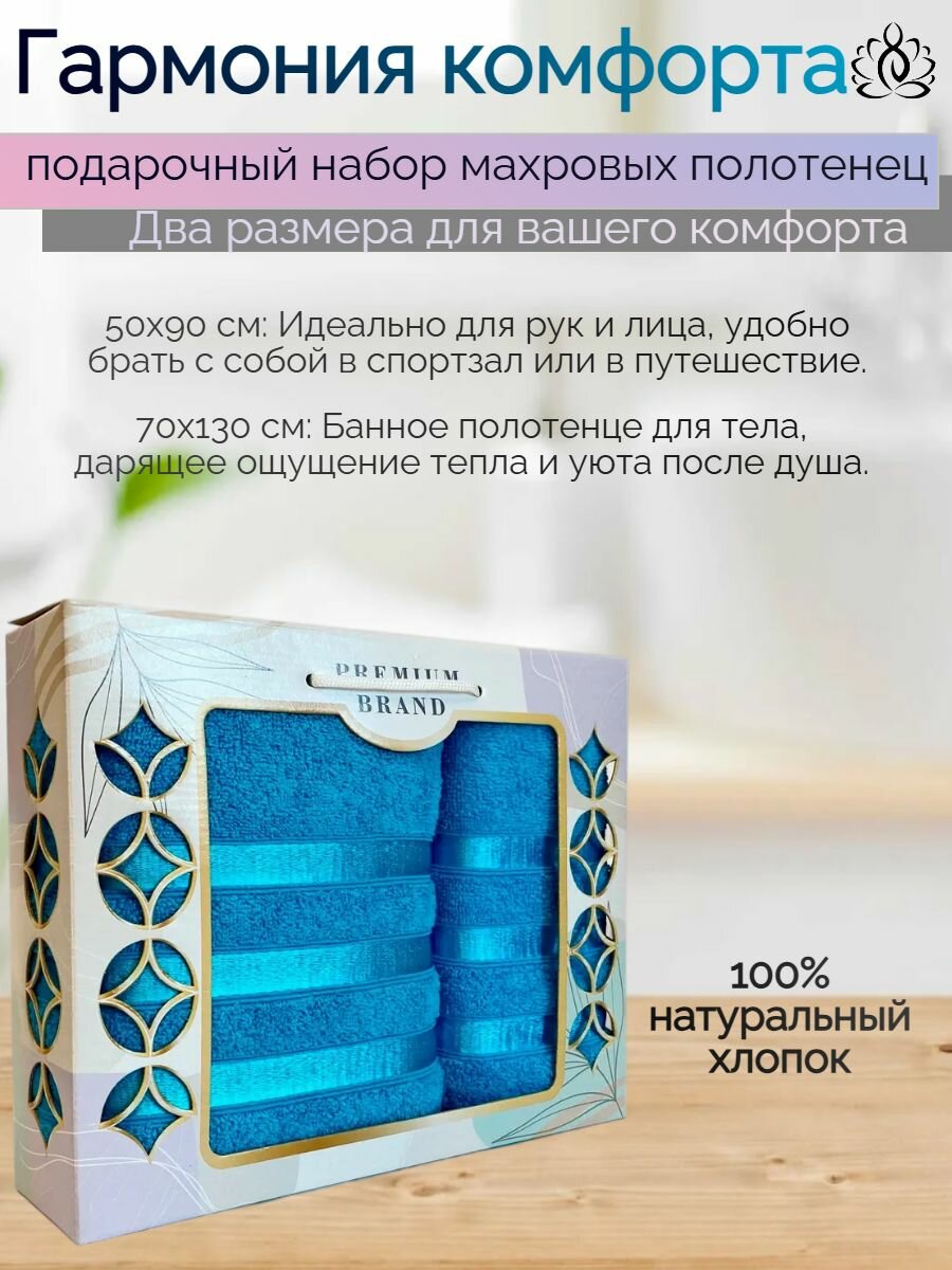 Подарочный набор полотенец махровых 2 шт. полотенца банные: Тринити 50*90см и70*130см хлопок 100%, цвет: синий, Подарок женщине и подруге, маме и папе на день рождения, 8 марта